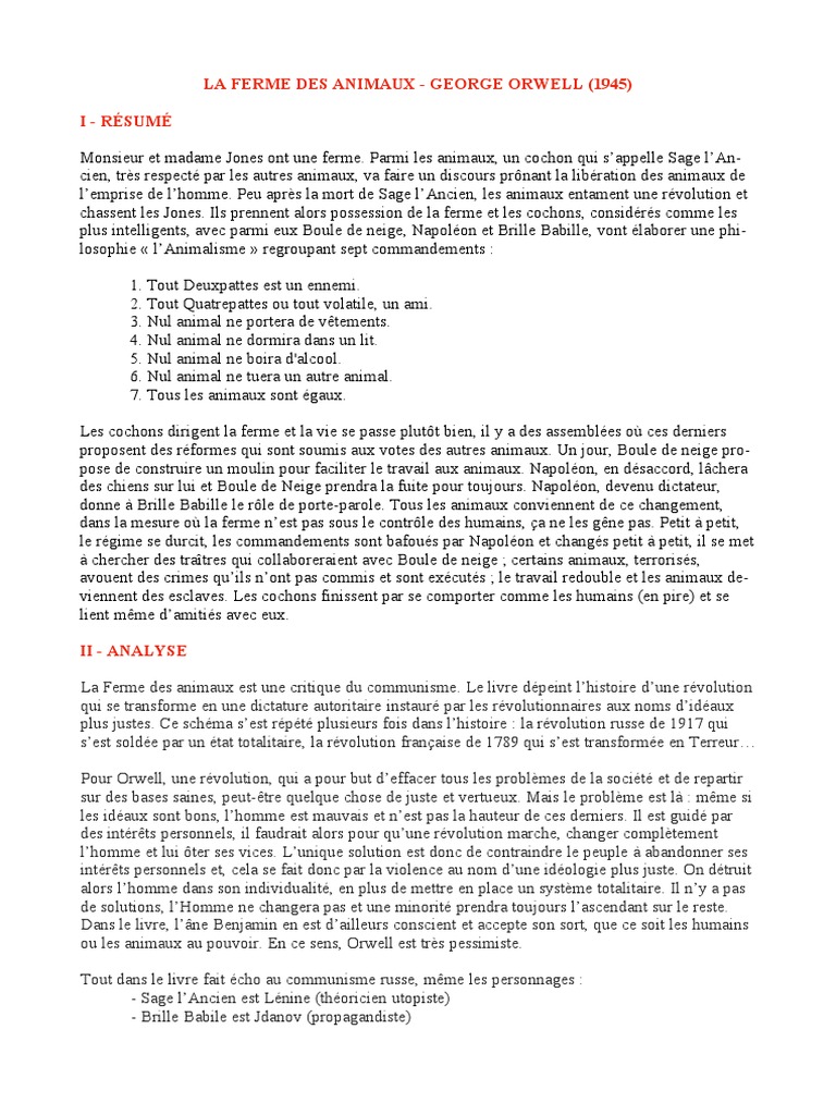 George Orwell - La Ferme Des Animaux (Fiche de Lecture) | PDF