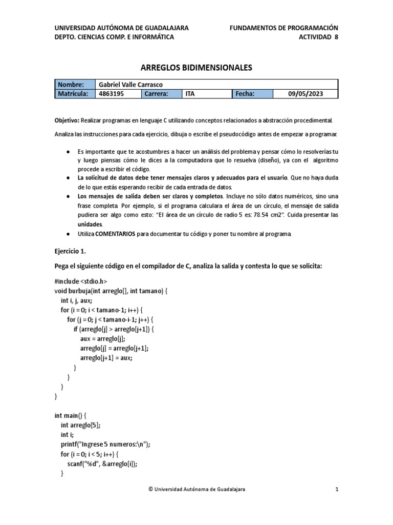Actividad 8. Arreglos Bidimensionales | PDF | Programa de computadora | Programación
