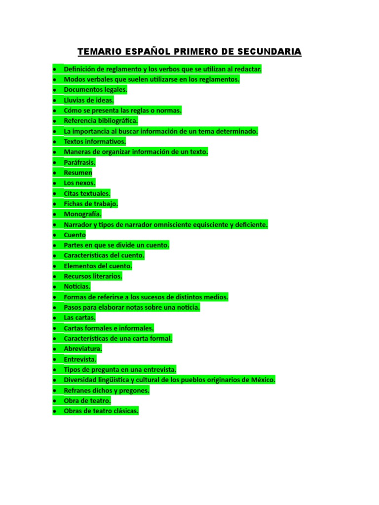 Temario ESPAÑOL 1 Secundaria | PDF