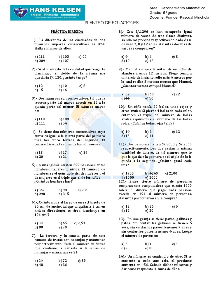 RM Planteo de Ecuaciones 5B | PDF