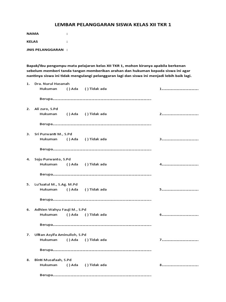 Lembar Pelanggaran Siswa Kelas Xii TKR 1 | PDF