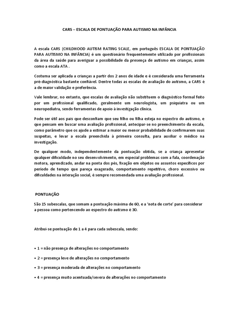 Cars - Escala de Pontuação para Autismo Na Infância | PDF