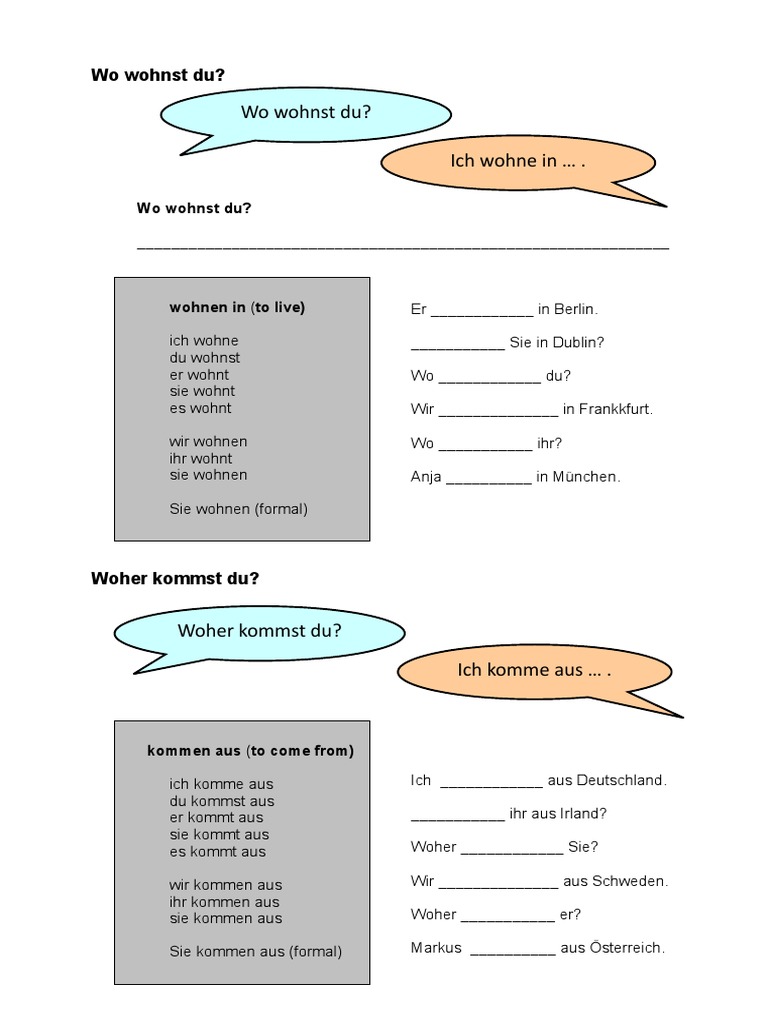 Wo Wohnst Du Woher Kommst Du Arbeitsblatter | PDF