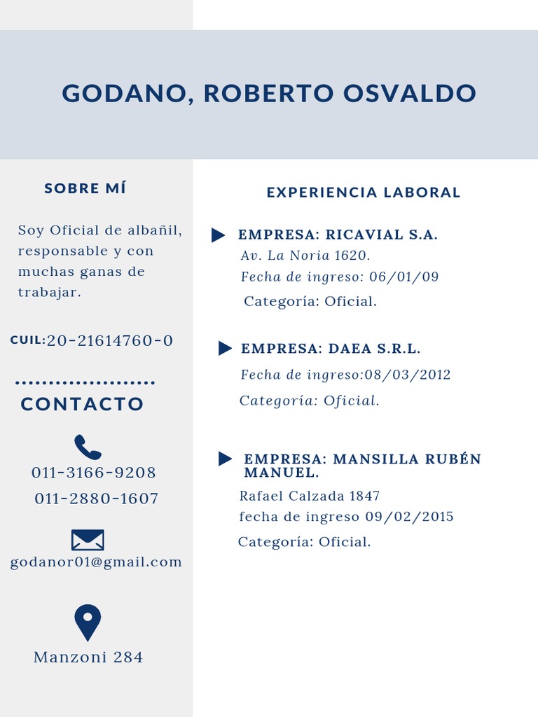 Cv Sin Foto Trabajo Formal Joven Blanco Azul | PDF