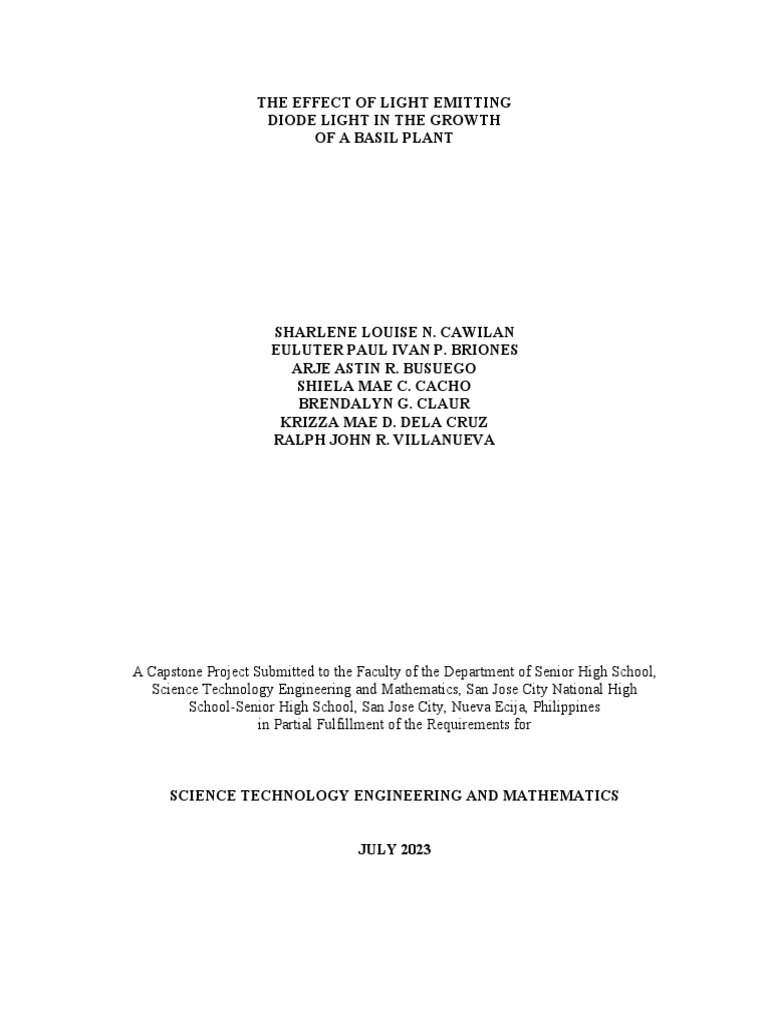THE EFFECT OF LIGHT EMITTING DIODE LIGHT TO THE GROWTH OF A BASIL PLANT (Final) | PDF