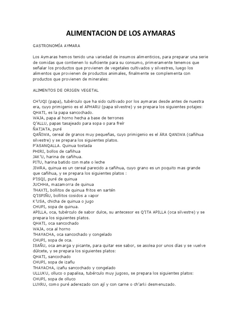 Alimentacion de Los Aymaras | PDF | Cocina, comidas y vino
