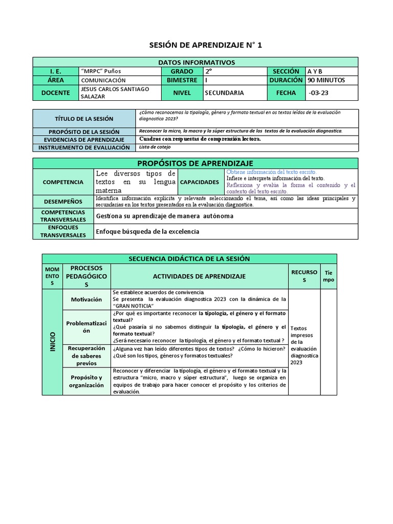 Sesión de Aprendizaje 2023 MRPC Puños | PDF