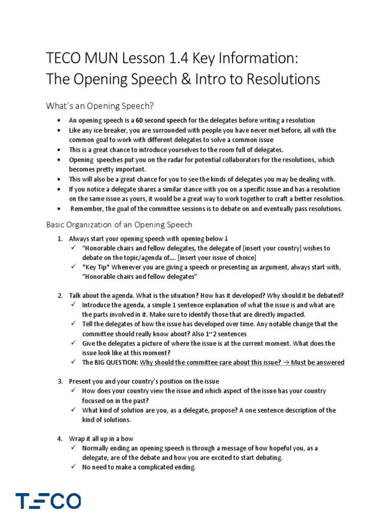 TECO MUN Opening Speech Factsheet | PDF