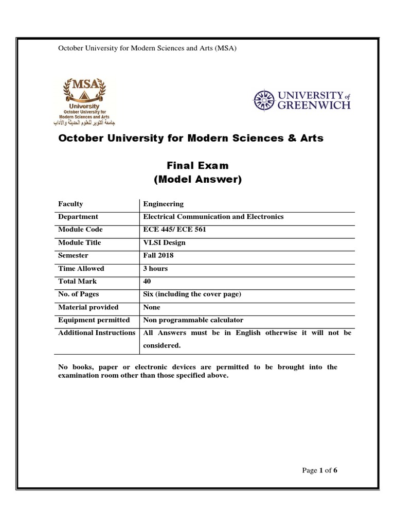 VLSI Design Final Exam Model Answer | PDF | Electronic Engineering | Transistor
