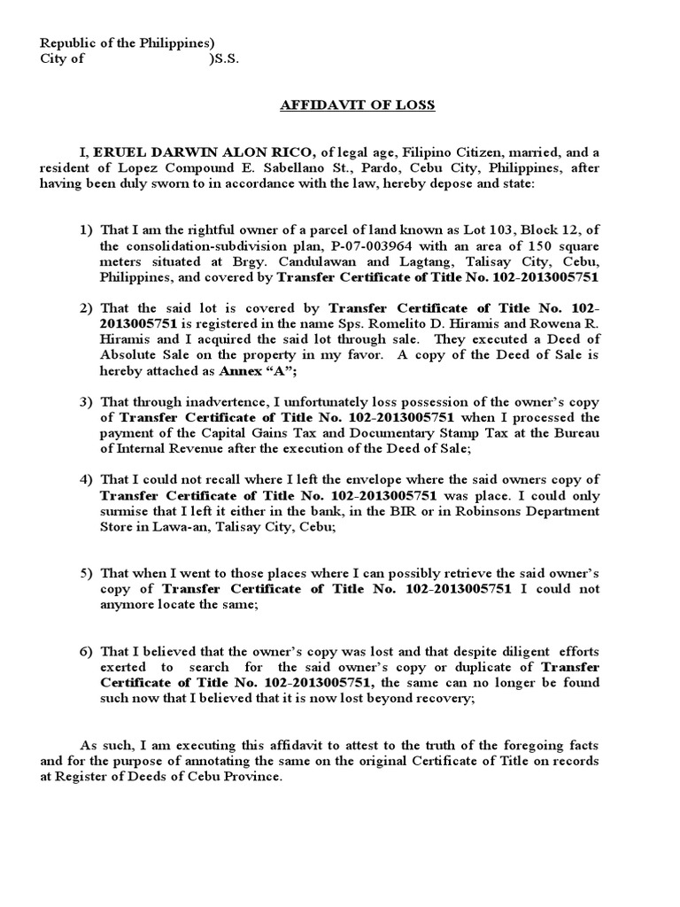 Affidavit of Loss-Title - ALon Rico | PDF