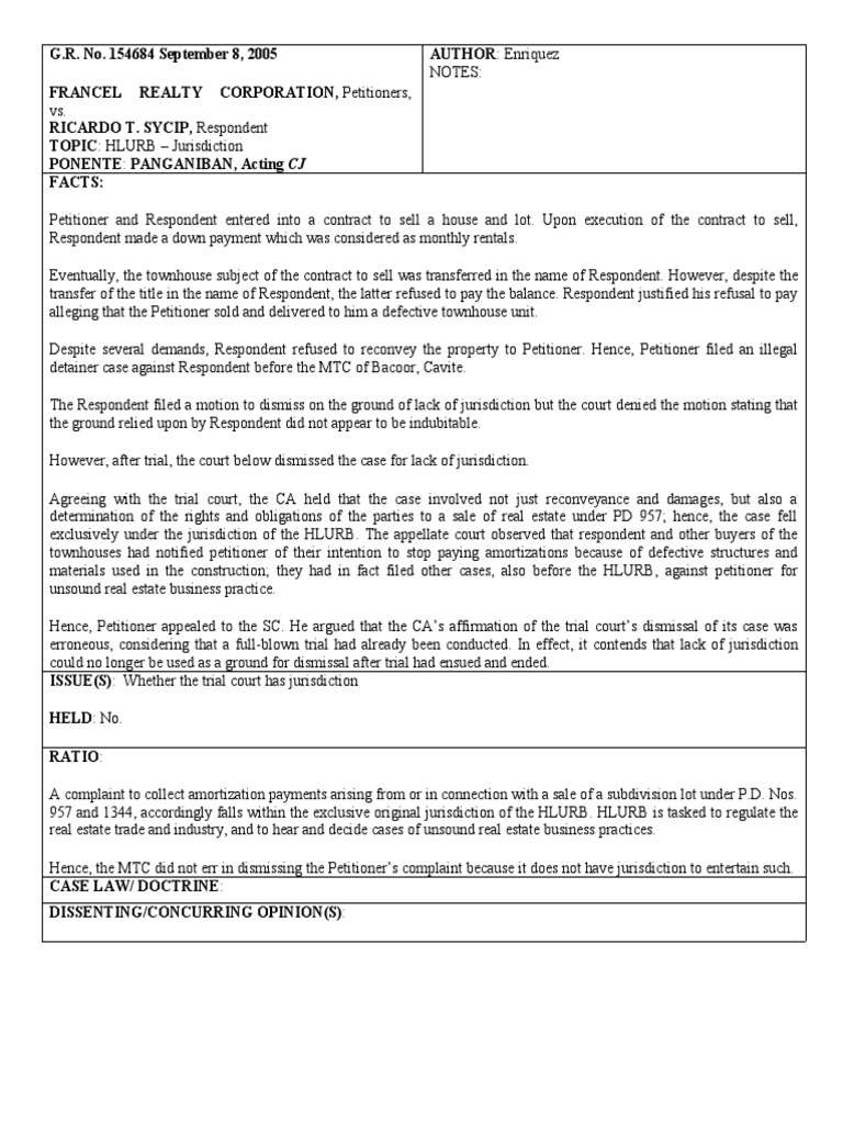 04 Frances Vs Sycip (Enriquez) | PDF | Jurisdiction | Trials