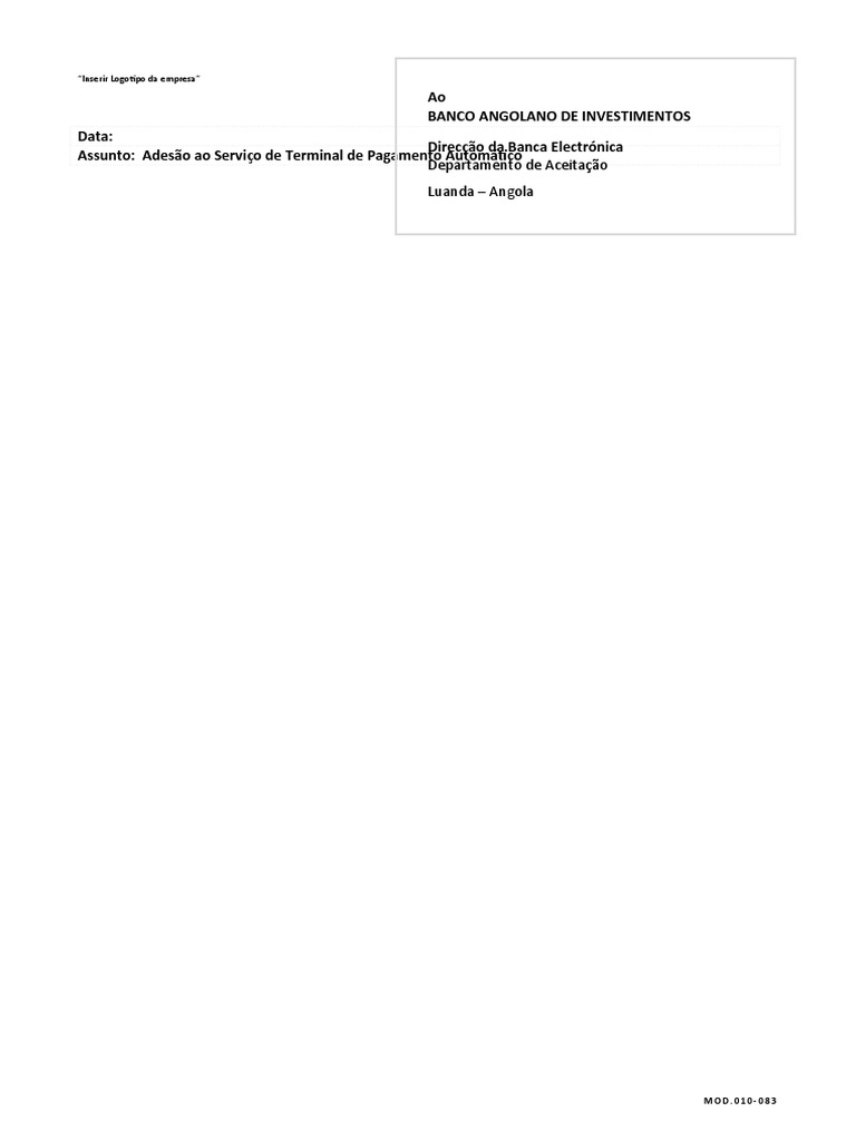 Mod 010 083 Carta de Solicitacao Do Servico de Instalacao de Tpa Cleaned | PDF