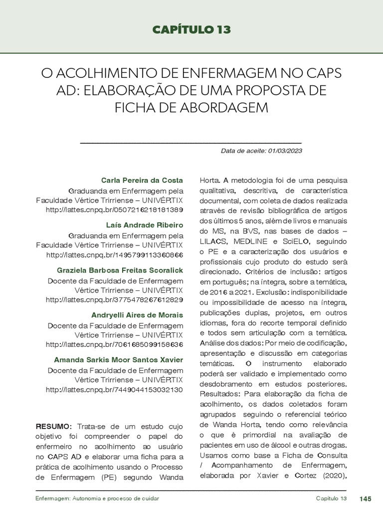 O Acolhimento de Enfermagem No Caps Ad Elaboracao de Uma Proposta de Ficha de Abordagem | PDF ...