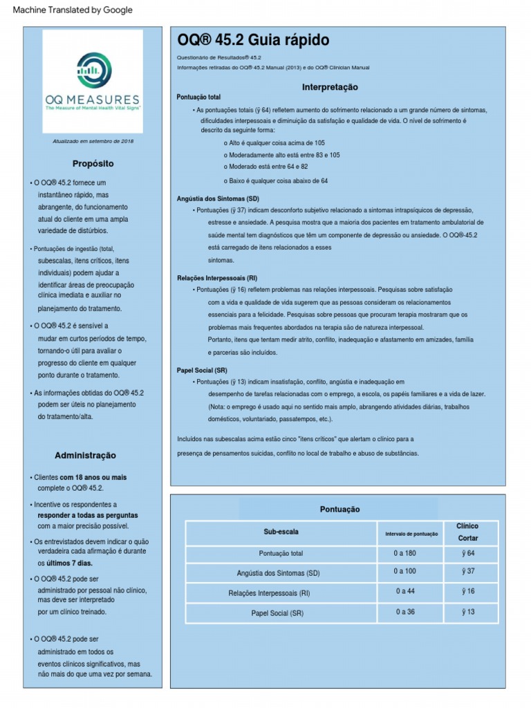 OQ-45.2 - Folha de Dicas Das Medidas Traduzido | PDF | Depressão ...