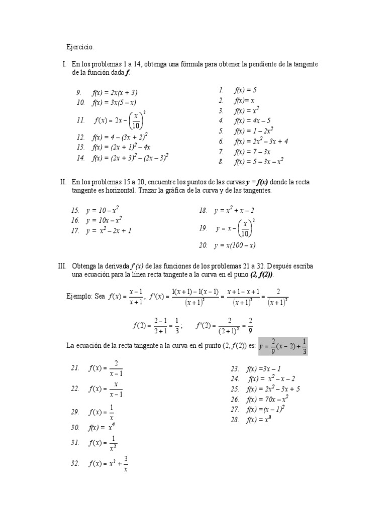 Ejercicio Derivadas | PDF | Tangente | Pendiente