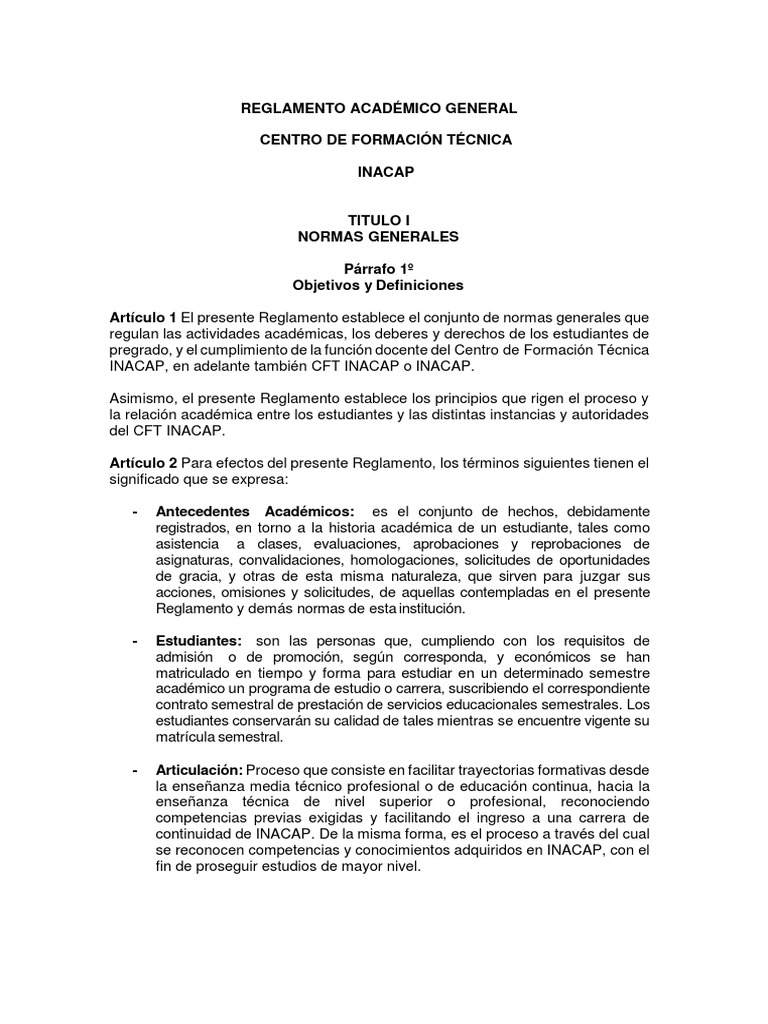 Reglamento Académico CFT INACAP | PDF | Educación más alta | Evaluación