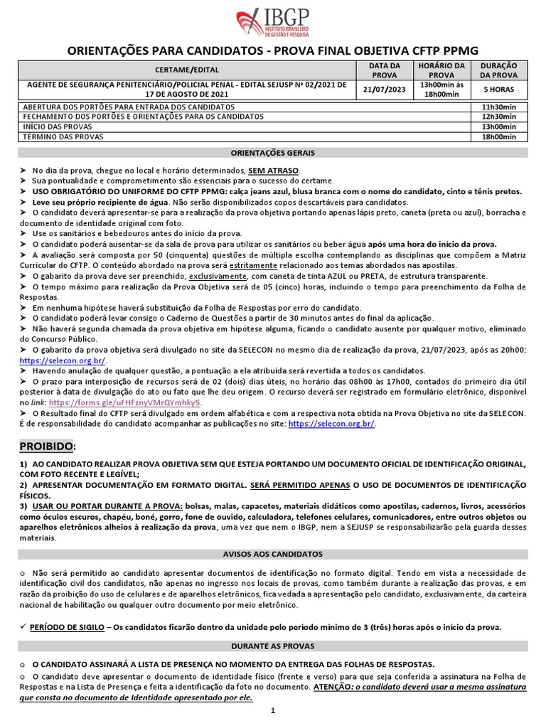 Orientações para Prova CFTP PPMG 2023 | PDF