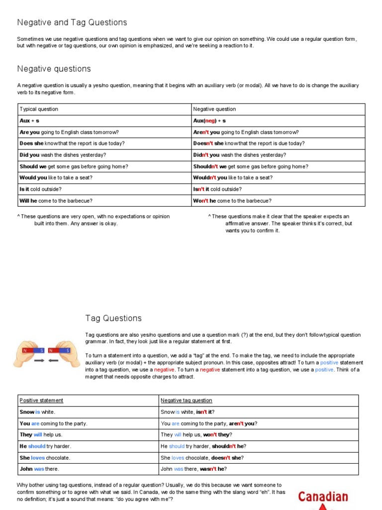 Negative and Tag Questions | PDF