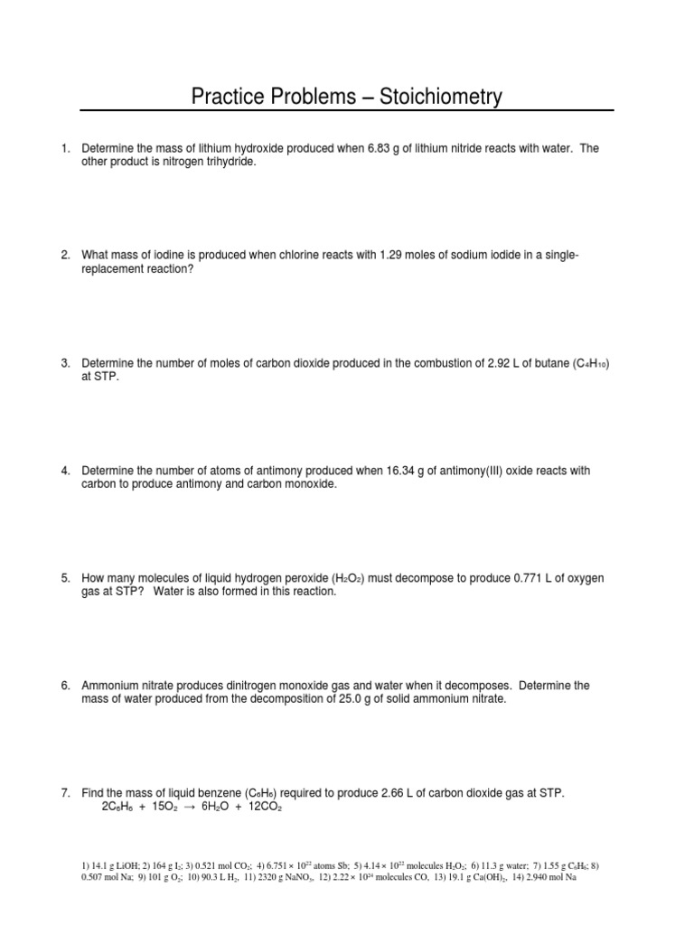 Stoichiometry Practice Problems Guide | PDF | Oxide | Hydroxide