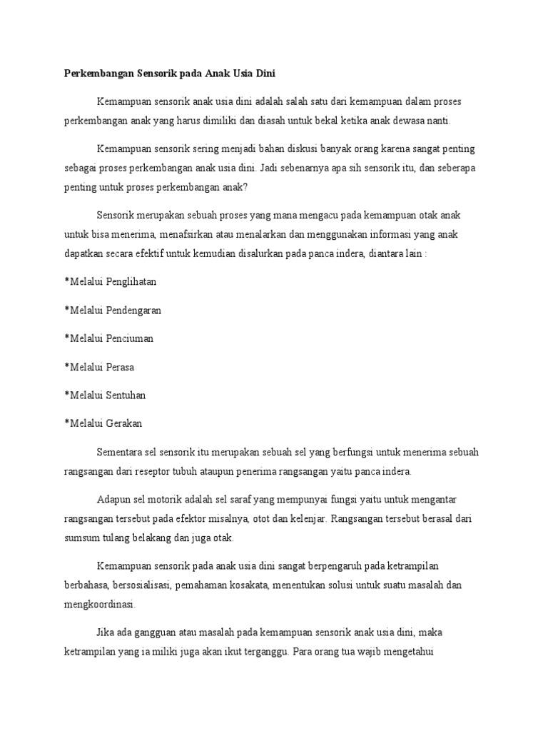 Perkembangan Sensorik Pada Anak Usia Dini | PDF