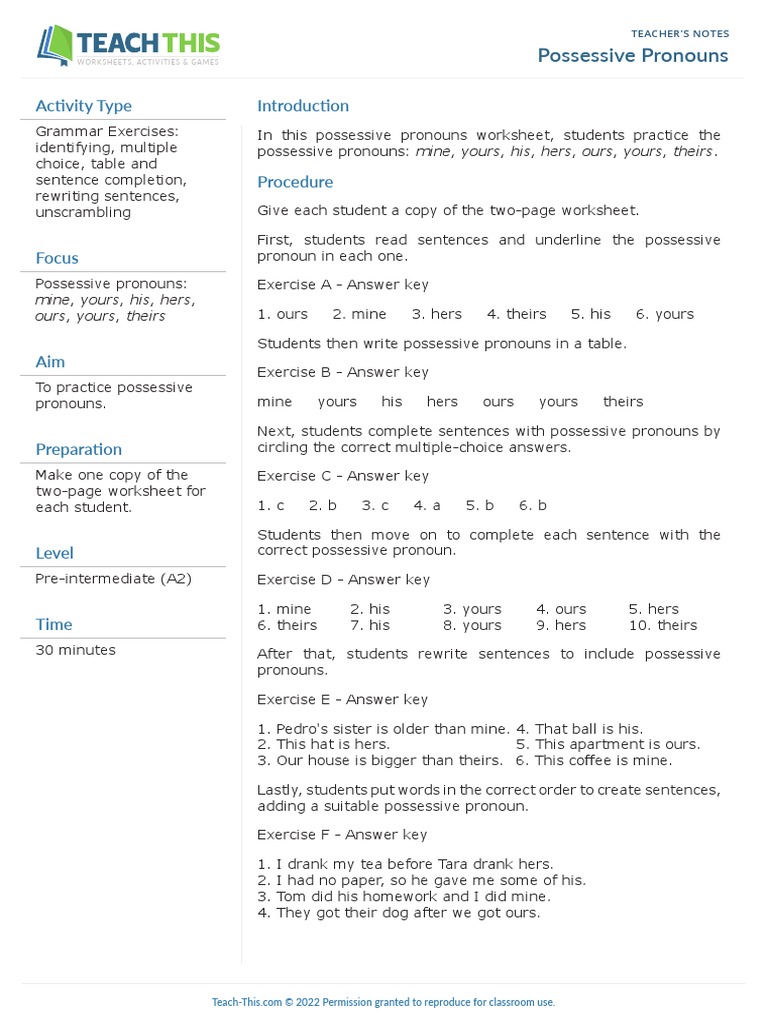 Possessive Pronouns Practice Worksheet | PDF | Pronoun | Human ...