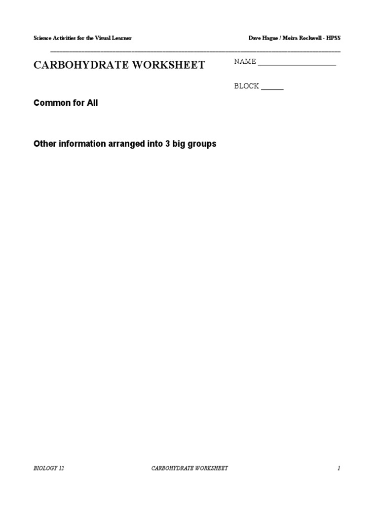 Carbohydrates Worksheet | PDF | Carbohydrates | Glucose