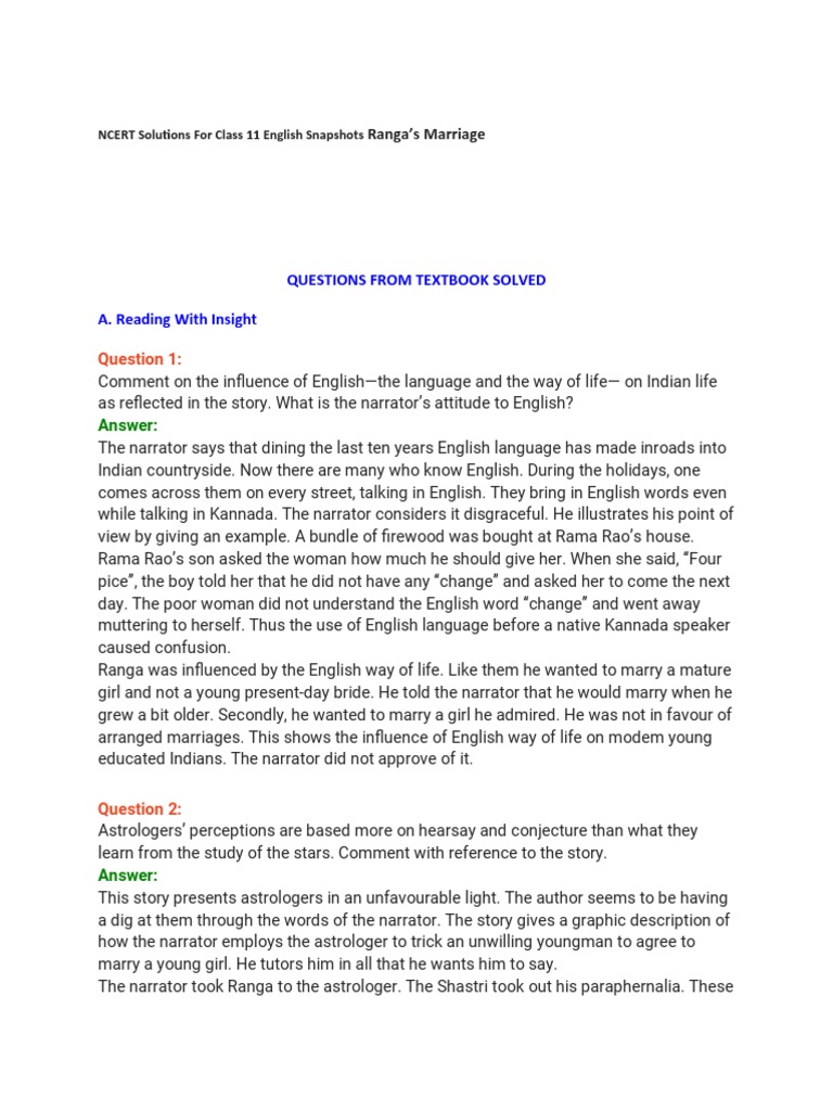 Question and Answer of Ranga's Marriage | PDF | Foreign Language Studies