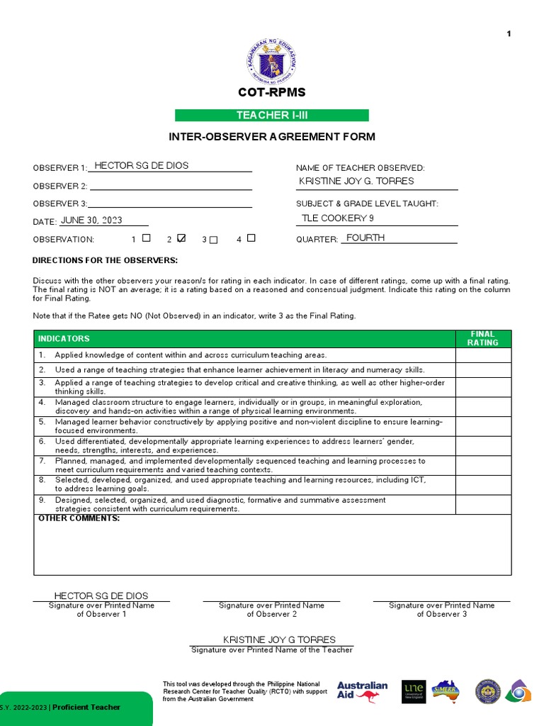 (Appendix C-09) COT-RPMS Inter-Observer Agreement Form For T I-III For ...
