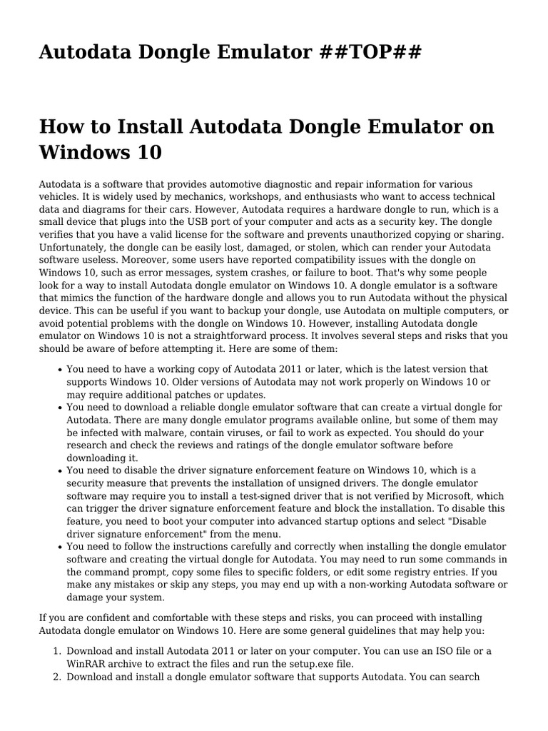 Autodata Dongle Emulator TOP | PDF | Windows 10 | Microsoft Windows