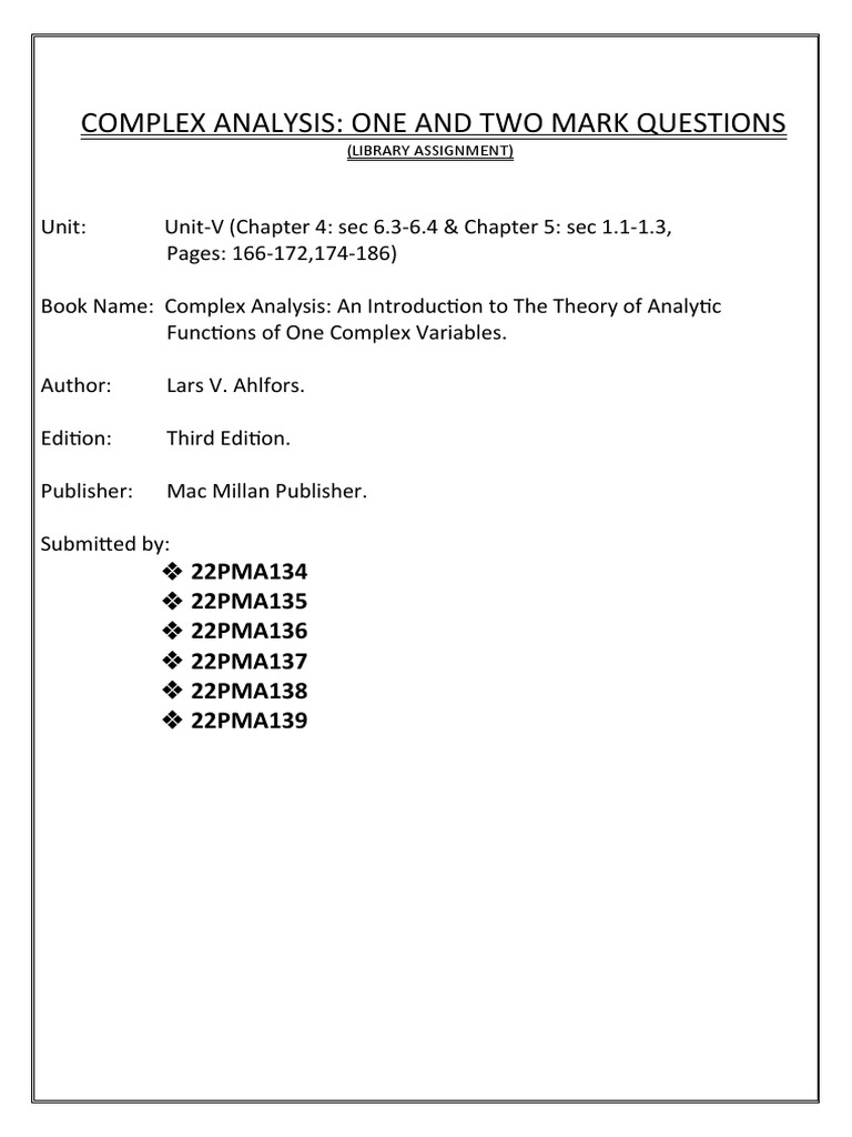 COMPLEX ANALYSIS 2 Mark | PDF | Complex Analysis | Limit (Mathematics)