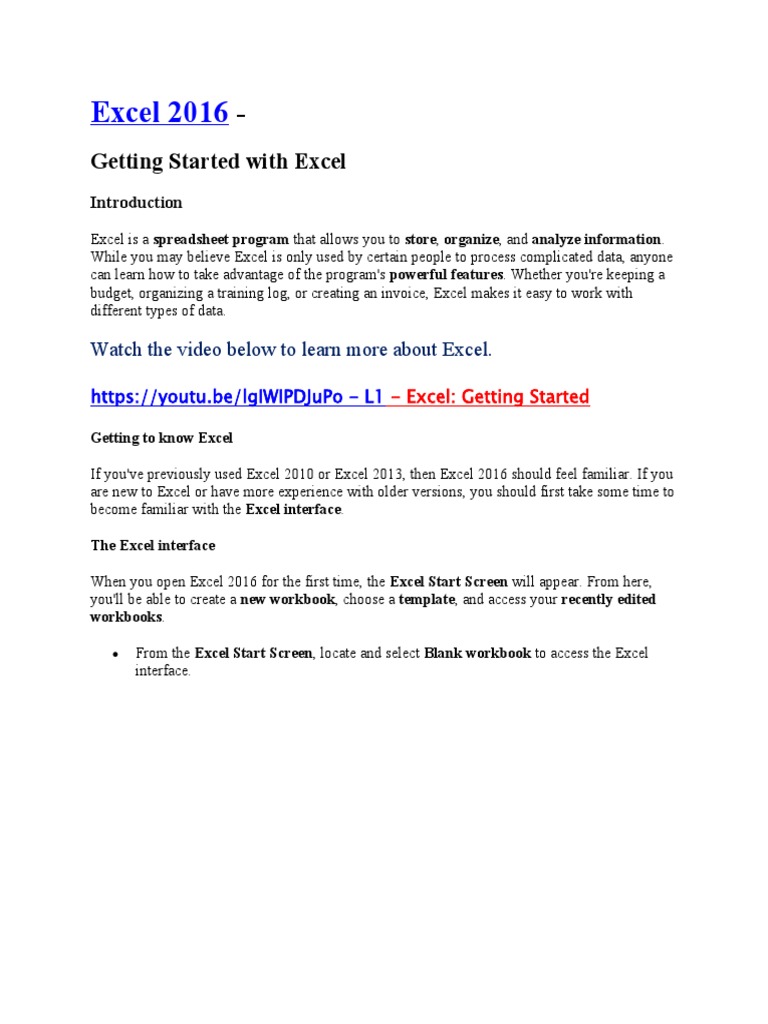 L1 - Excel 2016 - GETTING STARTED With EXCEL | PDF | Microsoft Excel | System Software