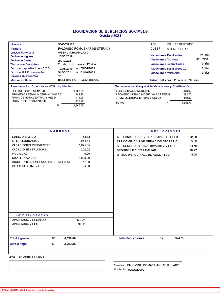 Liquidación de Beneficios Sociales | PDF