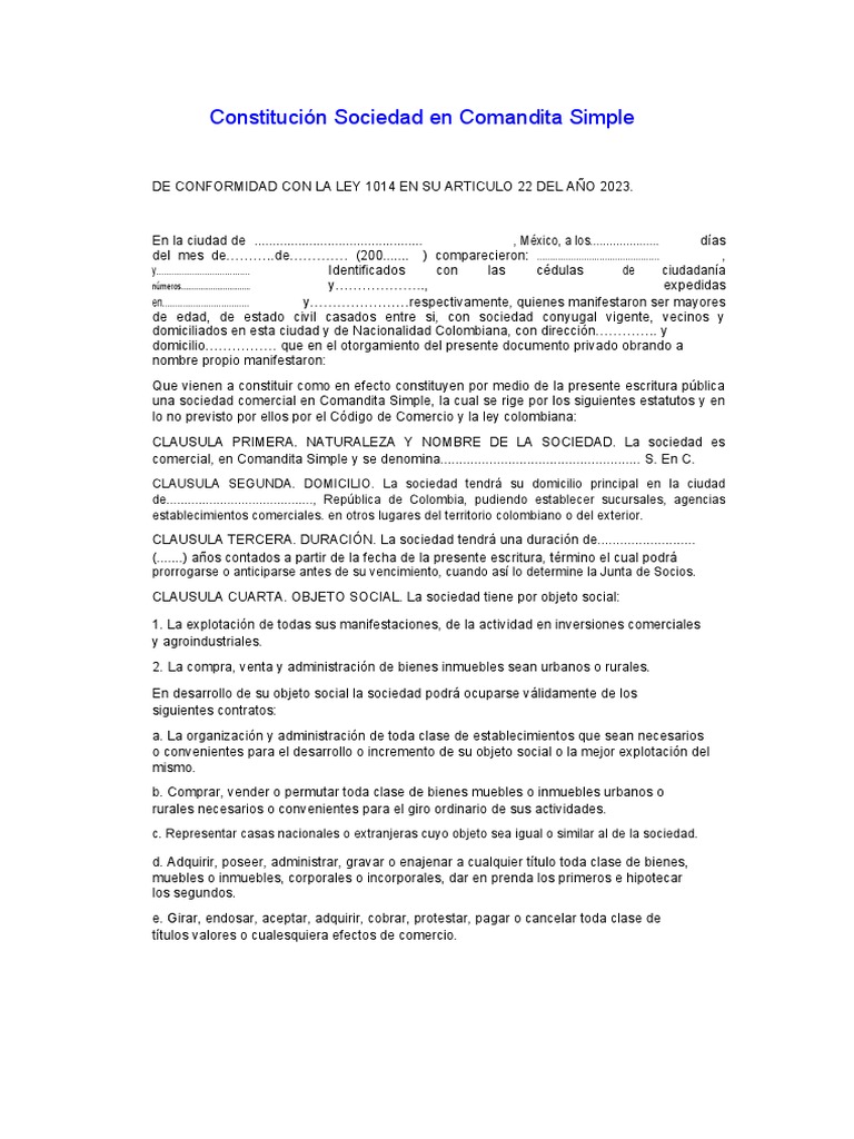 Modelo de Sociedad en Comandita Simple | PDF