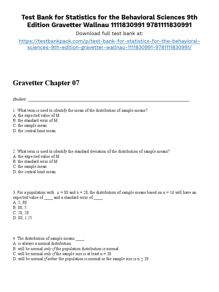 Statistics For The Behavioral Sciences 9th Edition Gravetter Test Bank ...
