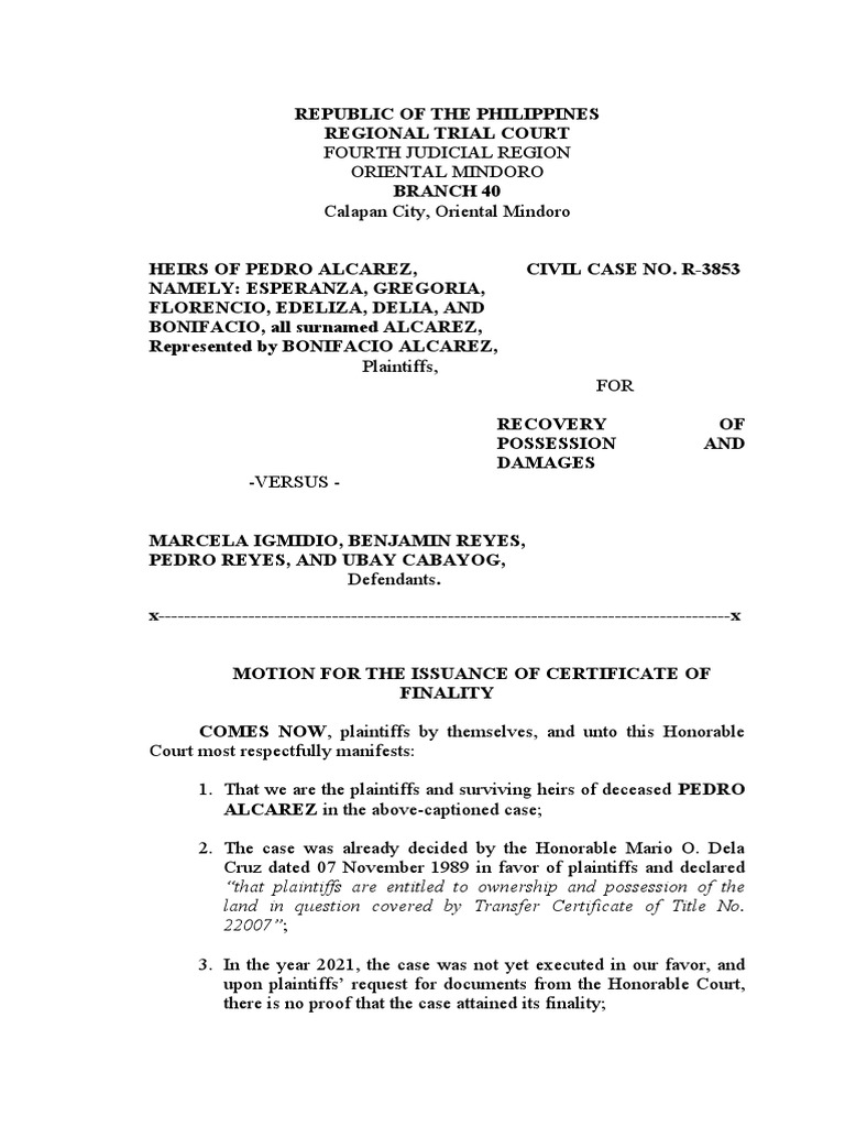 Motion for Certificate of Finality in Case | PDF