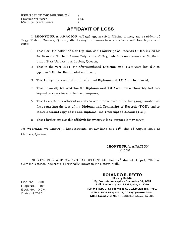 Affidavit of Loss for Diploma and TOR | PDF