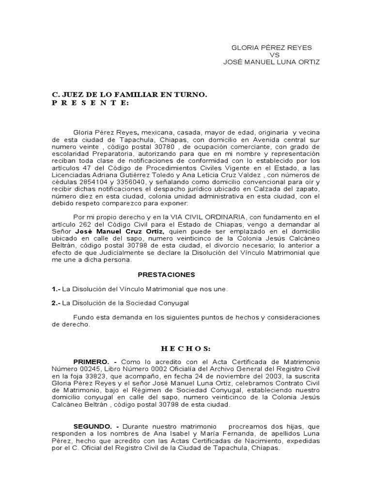 Formato para Juicio de Divorcio Necesario o Incausado | PDF | Divorcio ...