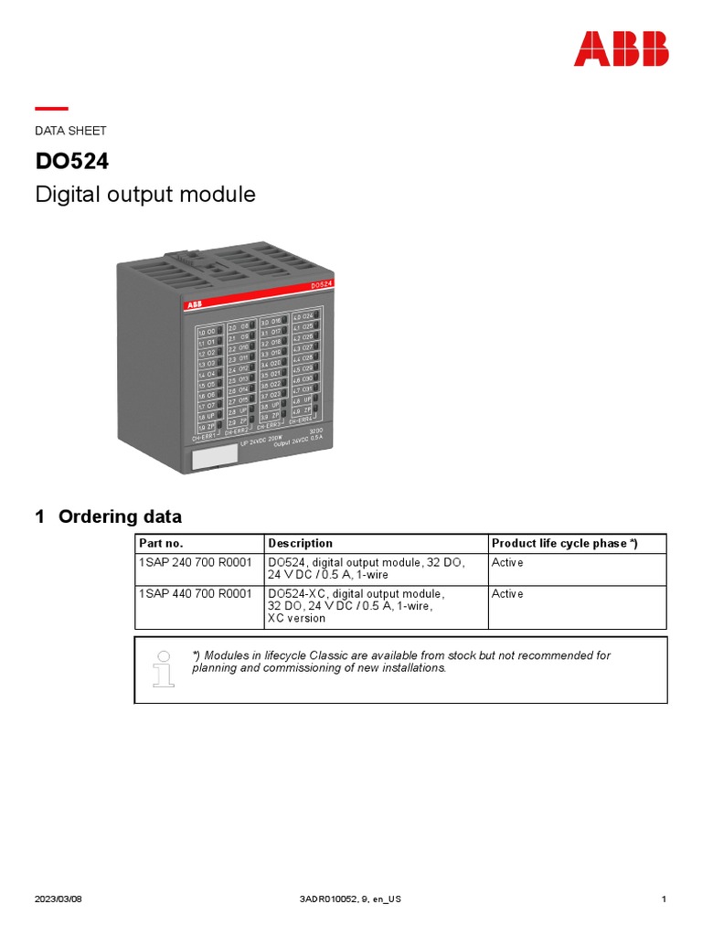 Datasheet PLC ABB Digital Output Module DO524 | PDF