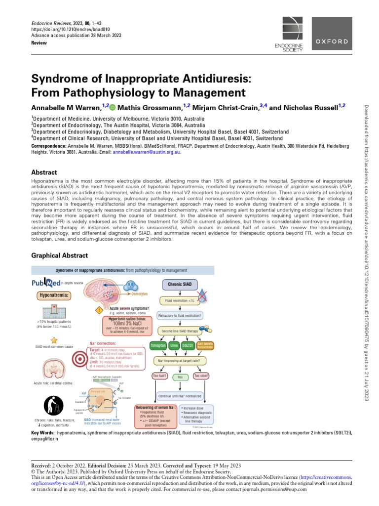 Syndrome of Inappropriate Antidiuresis From Pathophysiology To ...