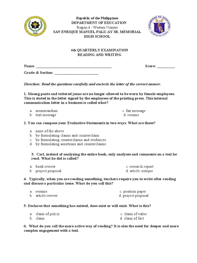 Reading and Writing Final Exam | PDF