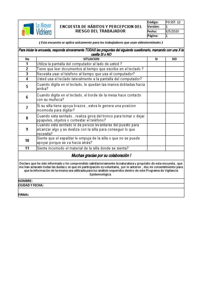 FO - SST.12 Encuesta de Hábitos y Percepción Del Riesgo Del Trabajador ... FO - SST.12 Encuesta de Hábitos y Percepción Del Riesgo Del Trabajador ...