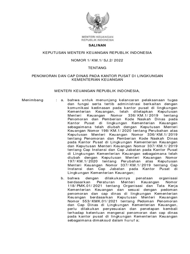KMK 01 - 2022 Penomoran Dan Cap Dinas Pada Kantor Pusat Di Lingkungan ...