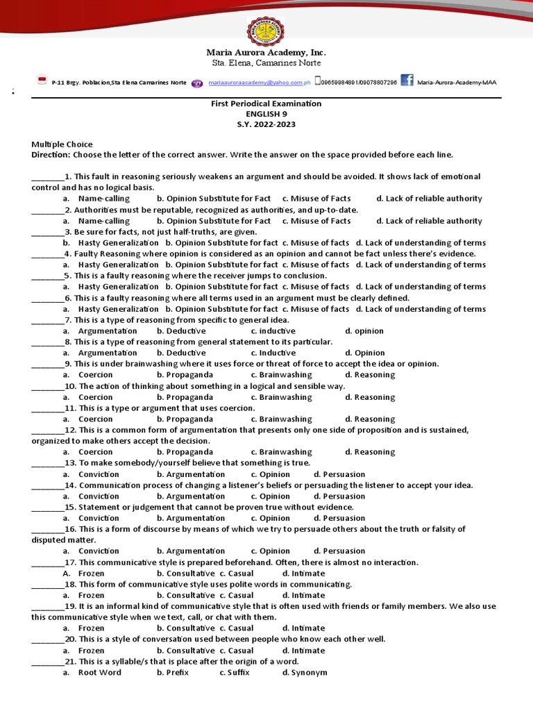 English 9 First Period Exam 2022-2023 | PDF