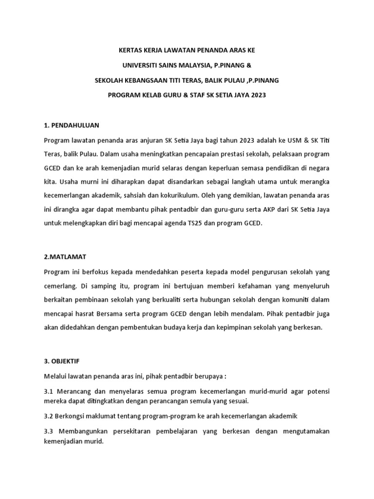 Kertas Kerja Lawatan Penanda Aras | PDF