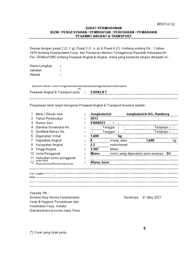 Surat Permohonan Forklift Disnaker | PDF