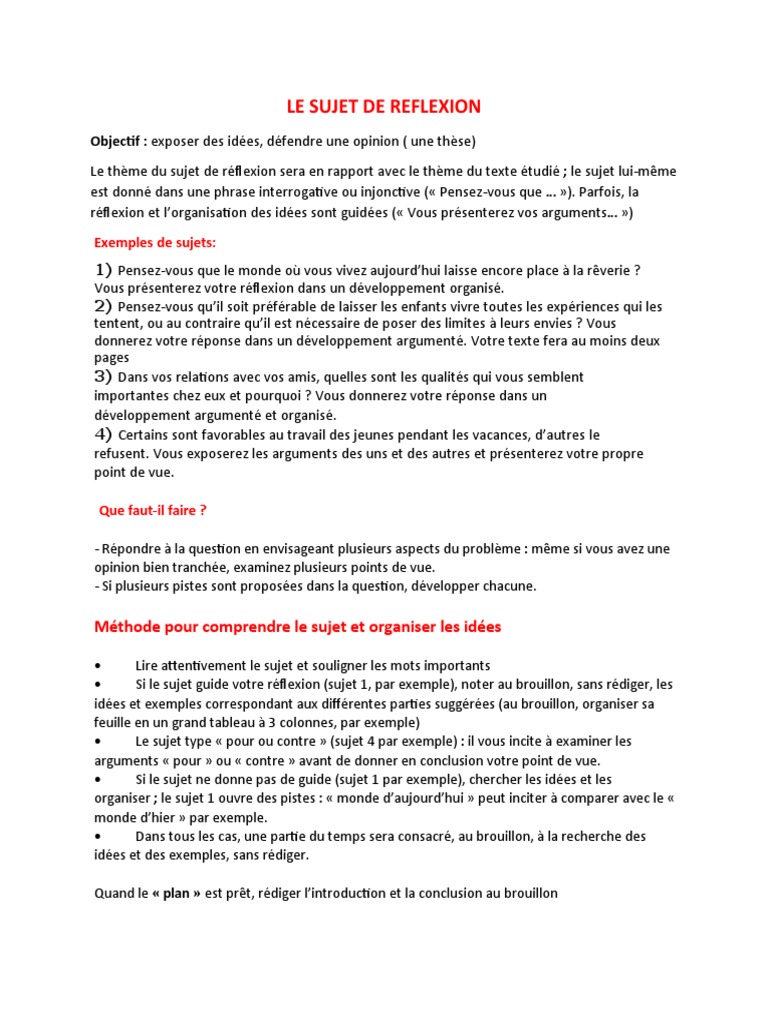 FICHE MEHODE Le Sujet de Réflexion Au Brevet | PDF