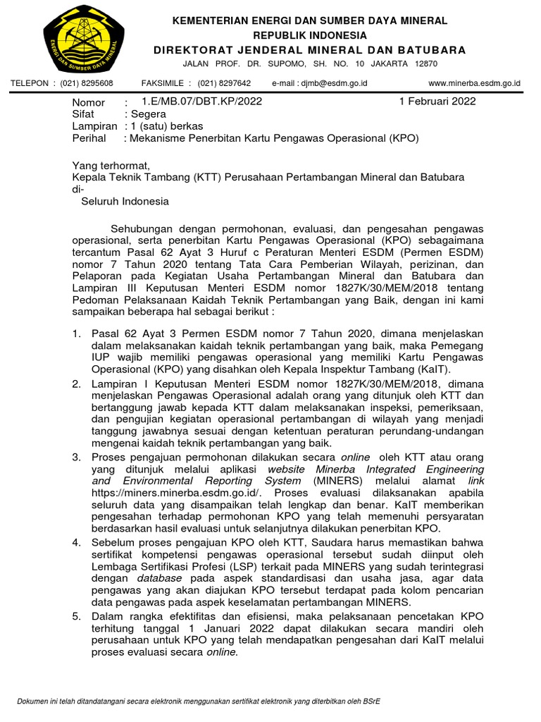 Mekanisme Penerbitan KPO - KTT Perusahaan Pertambangan Minerba (Edaran KAIT) | PDF