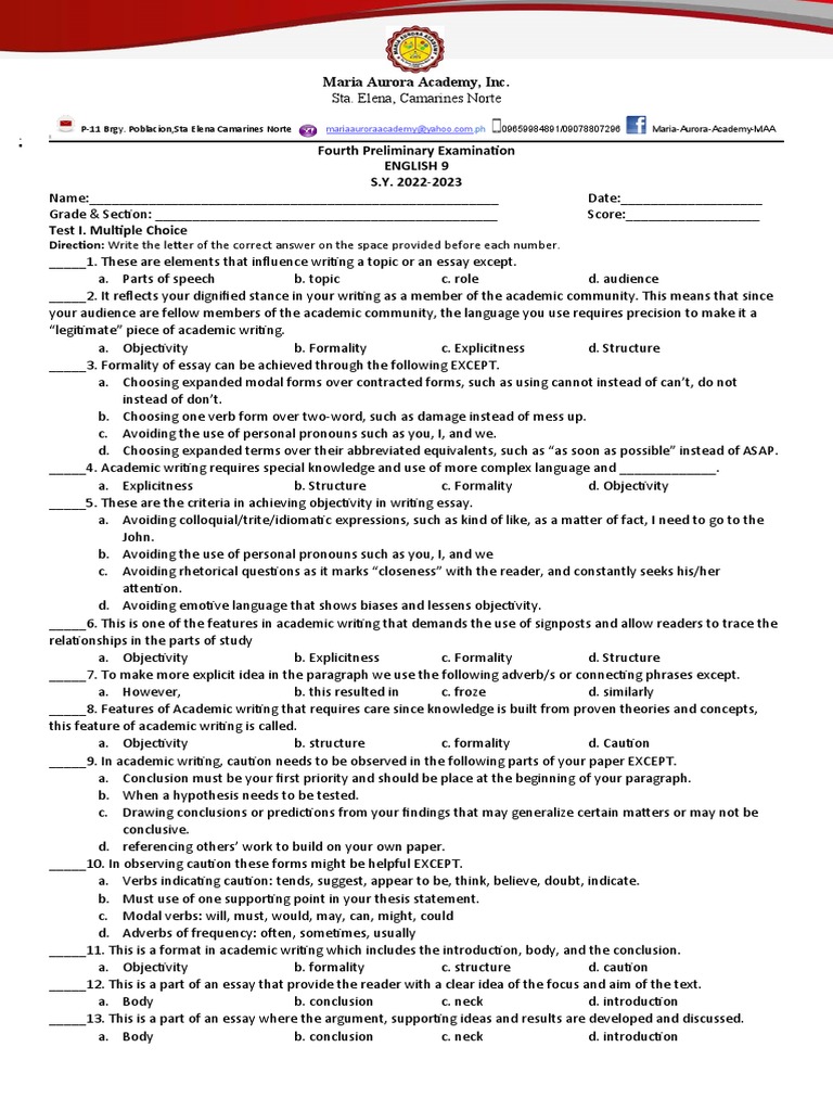 4th Prelim Exam English 9 2022-2023 | PDF | Essays | Verb