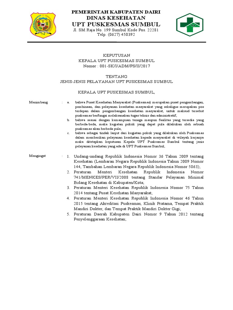 1-001 SK Jenis-Jenis Dan Jadwal Pelayanan Upt Puskesmas Sumbul | PDF