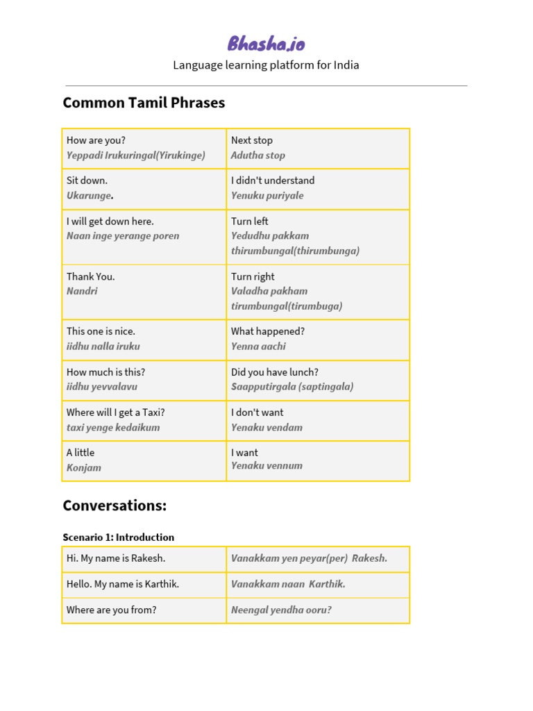 Essential Tamil Phrases for Beginners | PDF